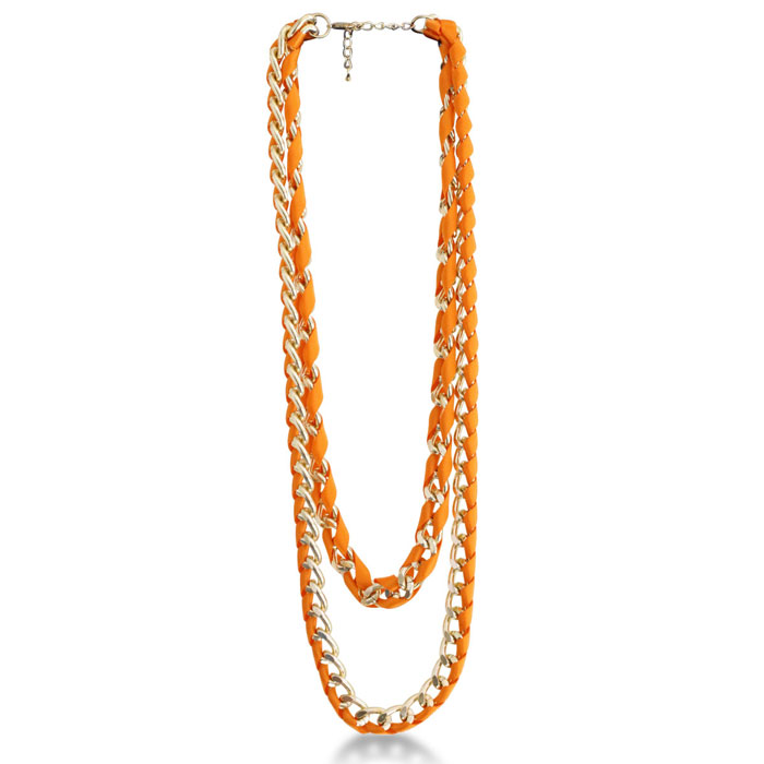 Double Strand Orange Ribbon And Gold Tone Heavy Chain Link Necklace | Myzzy