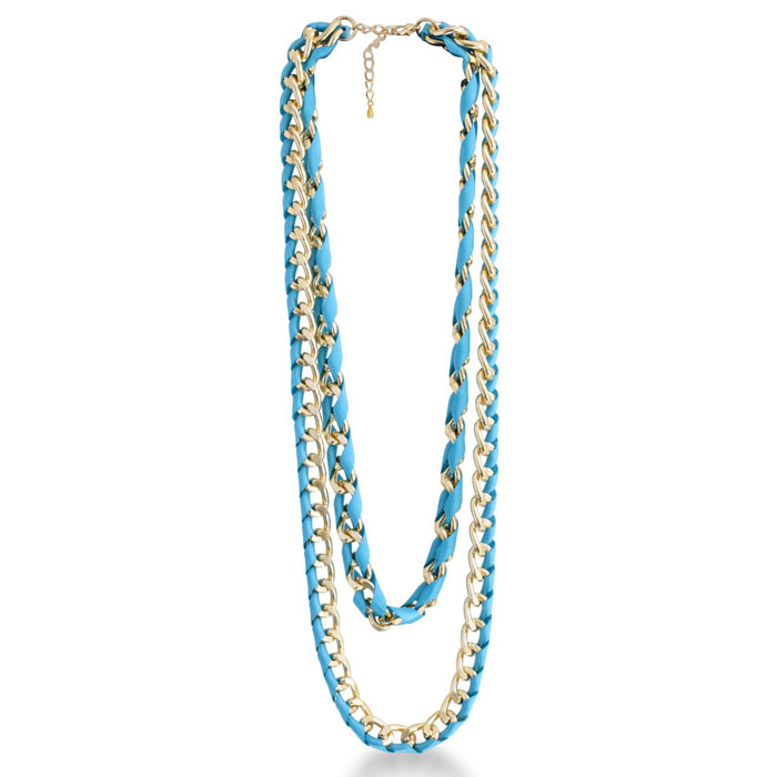 Double Strand Teal Ribbon And Gold Tone Heavy Chain Link Necklace ...