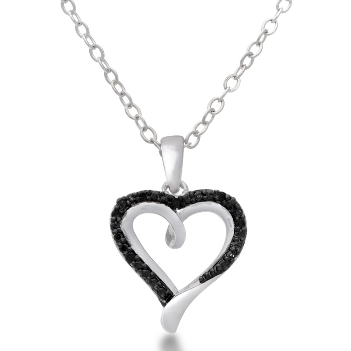 Dainty Black Diamond Platinum Plated Heart Pendant, 18 Inches | Myzzy