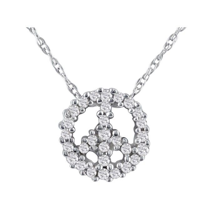 1/10ct Diamond Peace Sign Pendant In 10k White Gold, 31 Diamonds! | Yoba